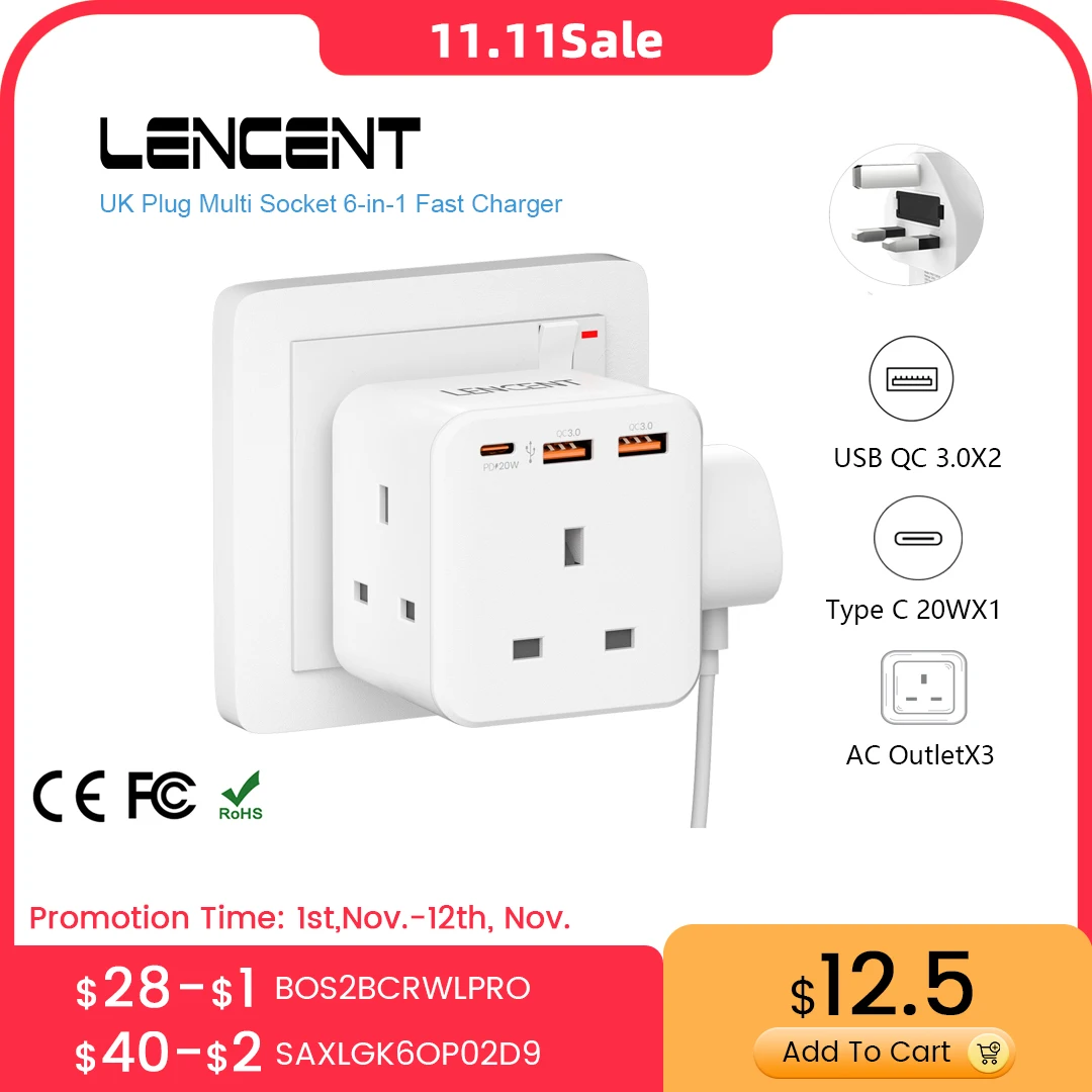 Lencent Uk Plug Power Strip With 3 Ac Outlets +2 Usb Qc 3.0 +1 Type C ...