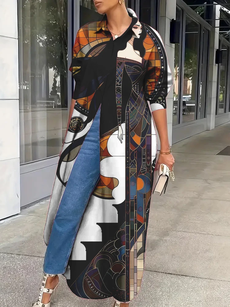 Printed-Women-Collared-Flowing-Dress-Elegant-Retro-Long-Sleeve-Lapel ...