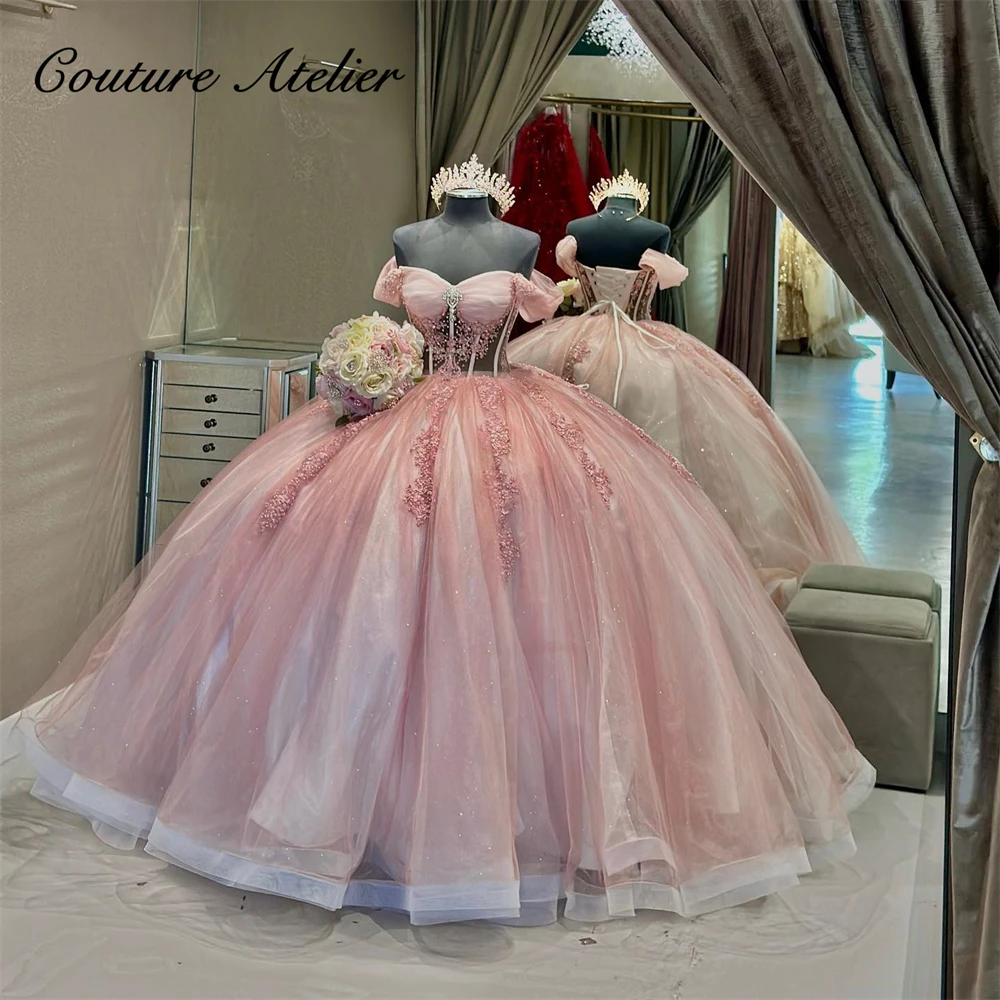 See-Thru-Corset-Light-Pink-Lace-Appliques-Off-The-Shoulder-Quinceanera ...