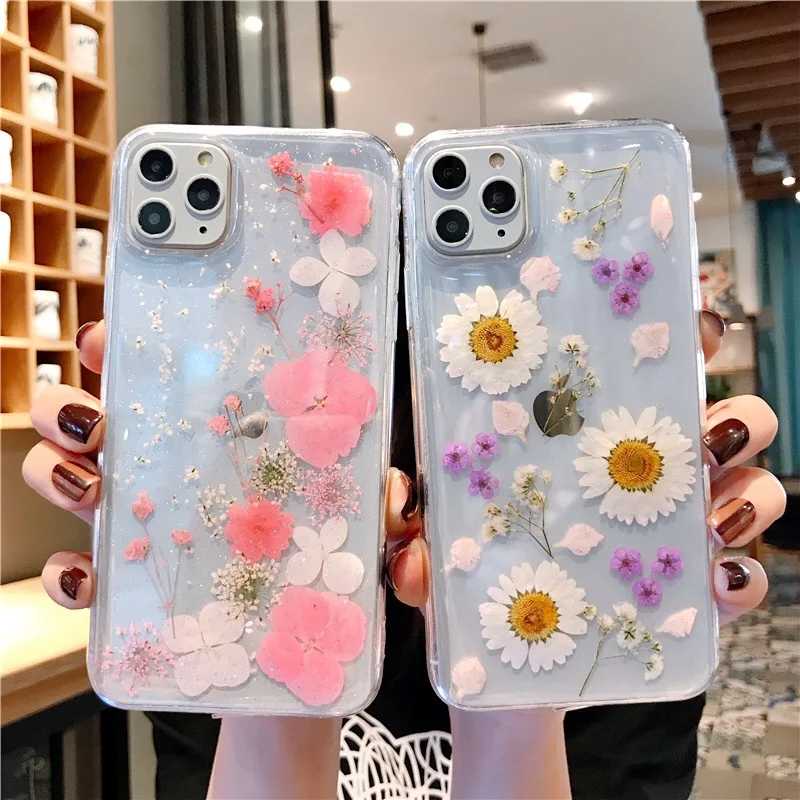 Luxury Real Dried Flowers Transparent Phone Case For Iphone 13 12 11 14 ...