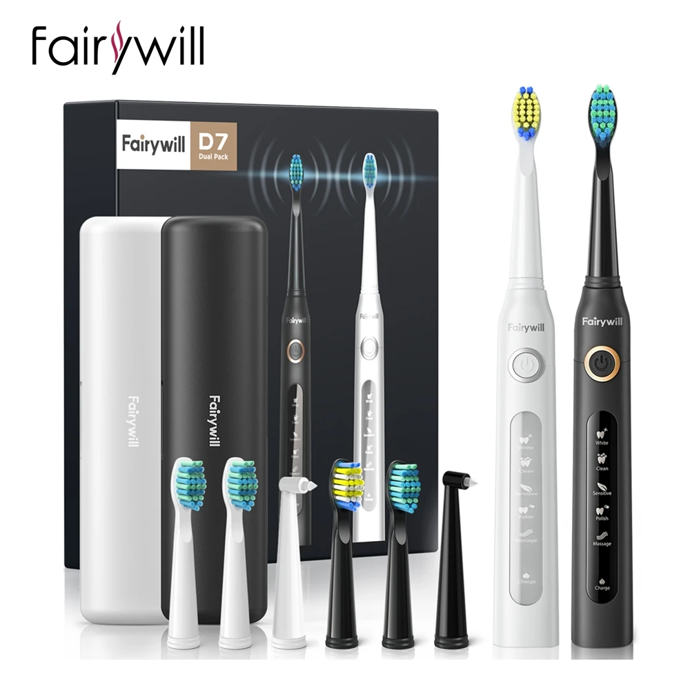 Fairywill Sonic Electric Toothbrush FW-D7 set USB Charge Toothbrushes ...