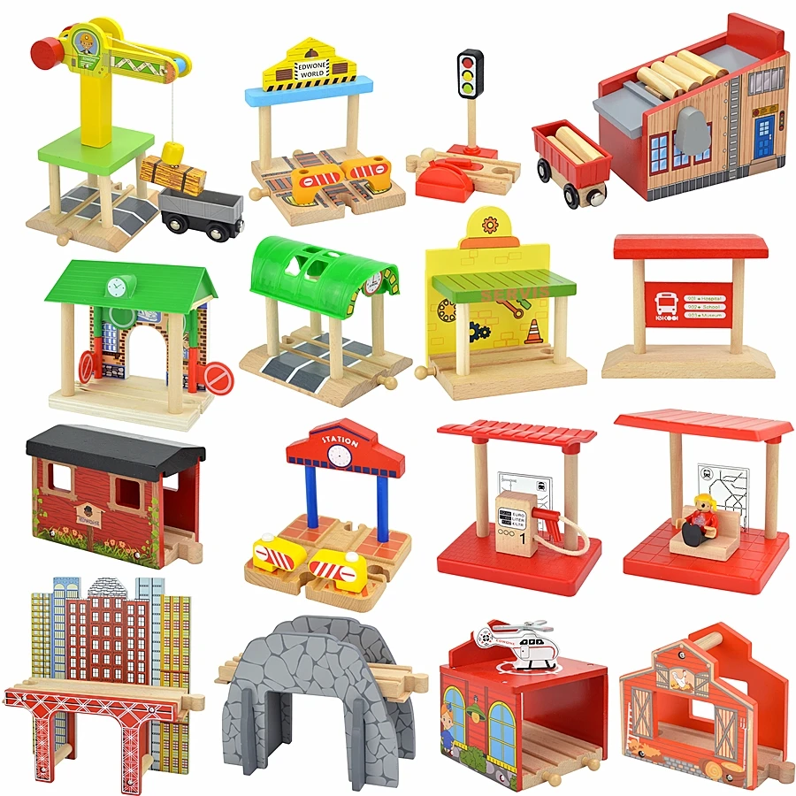 Wooden-Railway-Track-Accessories-Tunnel-Cross-Bridge-Gas-Station-Train ...
