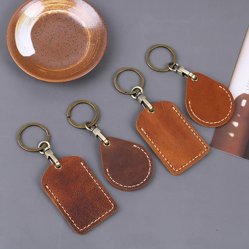 Retro-Rectangular-Round-Keyring-Leather-Access-Card-Holder-Keychain ...