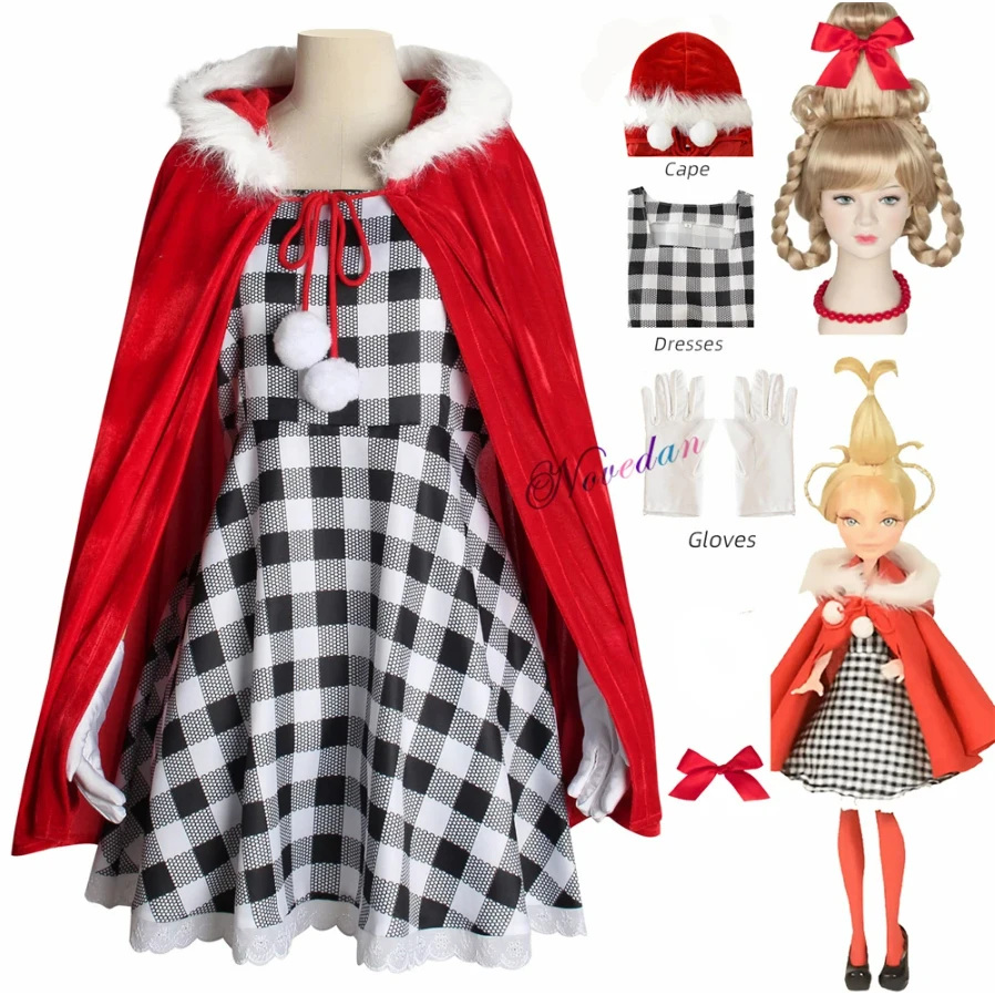 Disfraz de Cindy Lou Who para cosplay, capa con capucha roja, vestido a ...