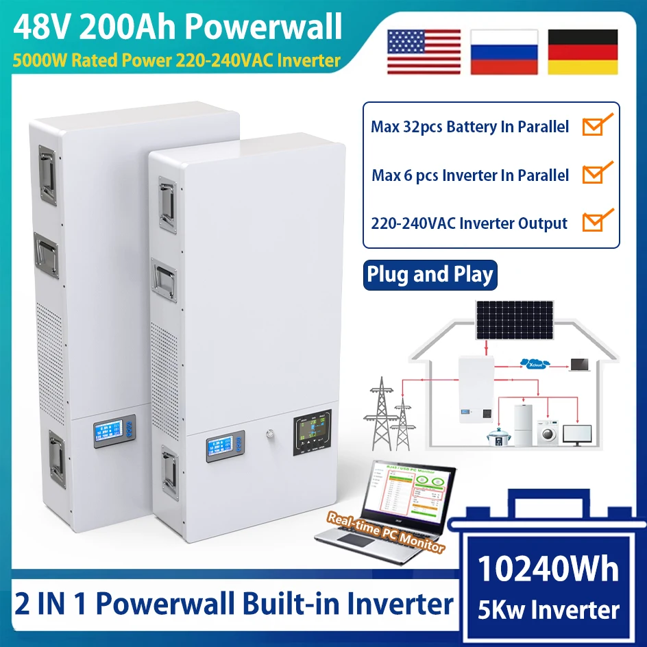 LiFePO4-Batería de pared de 48V, 200Ah, 10240Wh, 16S, 200A, BMS, 220 ...