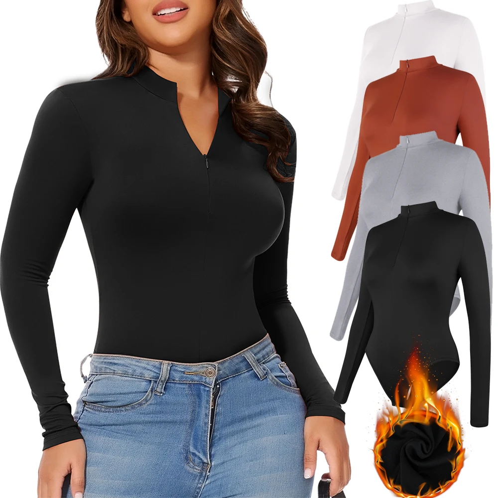 Zipper Stand Collar Bodysuit Women Long Sleeve Brushed Winter Bottoming ...