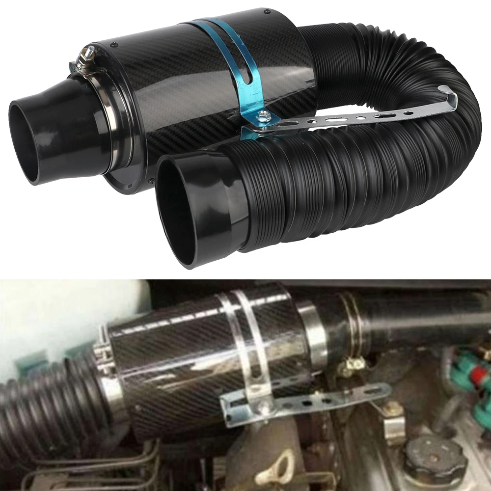 Car Carbon Fibre Cold Auto Air Filter Pipe Hose Kit 1 Set Feed Enclosed ...