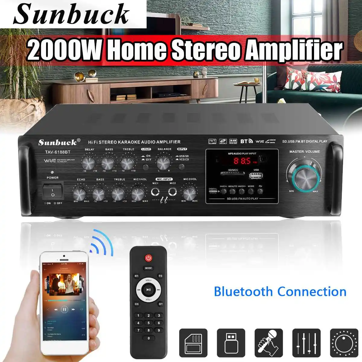 2000W 220V Digital Amplifiers Bluetooth Amplificador Audio Processor ...