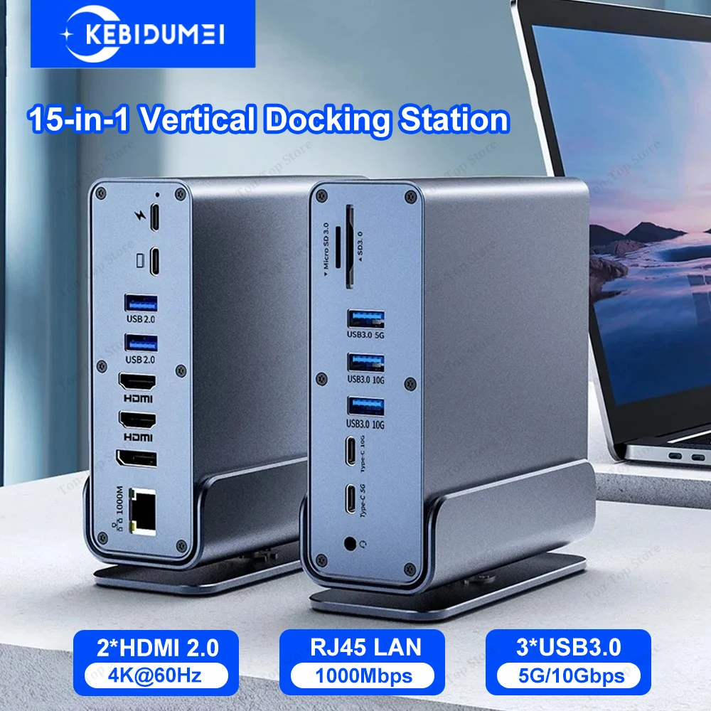 15 in 1 USB C Docking Station 4K60Hz Vertical Hub with Triple Monitor ...