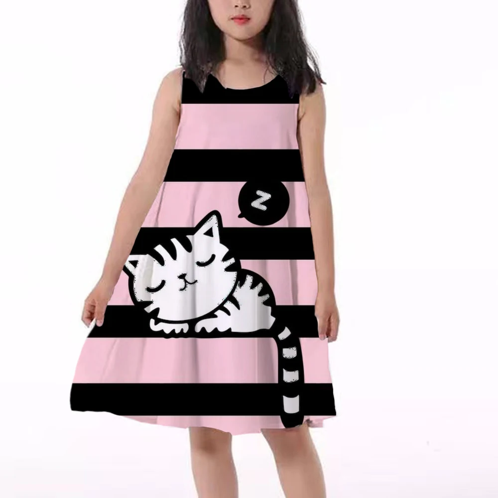 3D-Print-Cat-Print-Dress-Girls-Gift-Color-Dress-Girl-Pink-Black-Stripe ...
