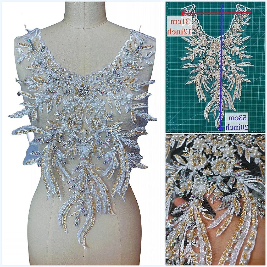 3D-White-Lace-Design-Sewing-Golden-Rhinestones-Crystals-Appliques ...