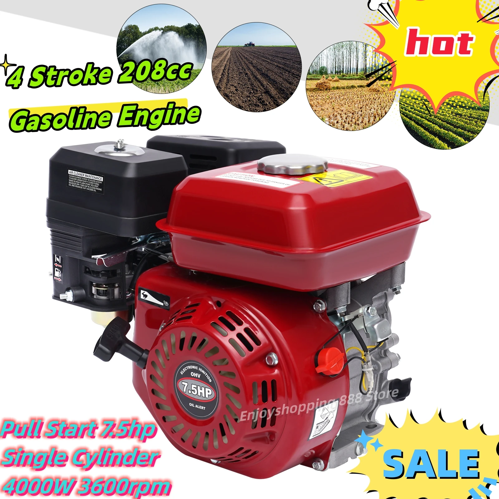 4 Stroke 208cc Gasoline Engine Motor Kart Single Cylinder Water Pump Pull Start 7.5hp for ...
