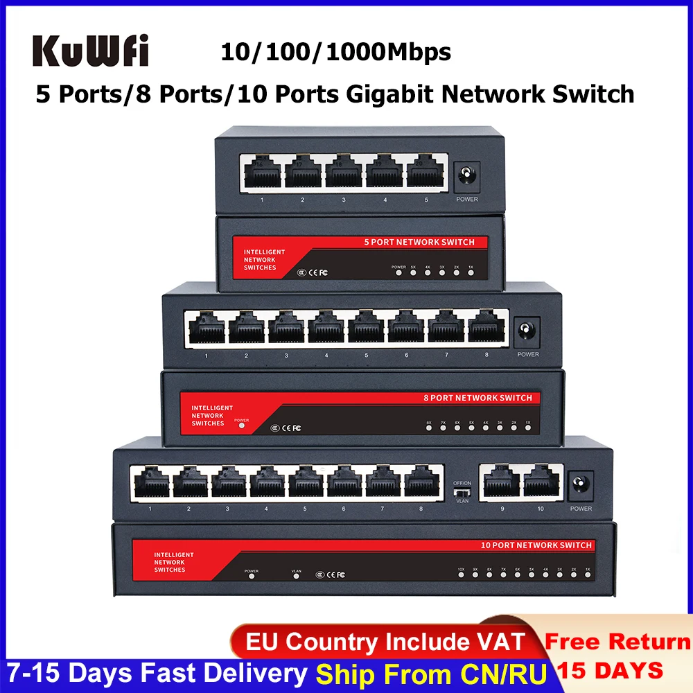 KuWFi Gigabit Network Switch 100/1000Mbps Switch 5/8/10 Port RJ45 LAN ...