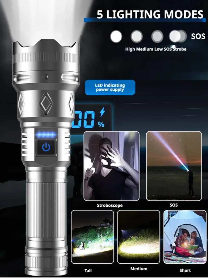 Multifunctional Strong Light Flashlight Frameless Telescopic Zoom White ...