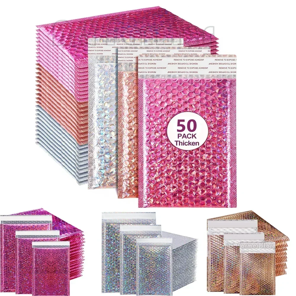 50PCS Rose Red Bubble Mailer Holographic Packaging Supplies Laser ...