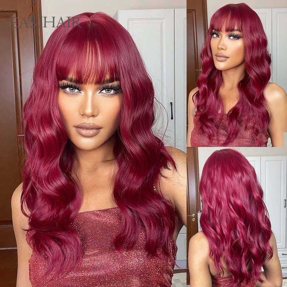 EASIHAIR-Wine-Red-Water-Wave-Synthetic-Wigs-with-Bangs-Medium-Length ...