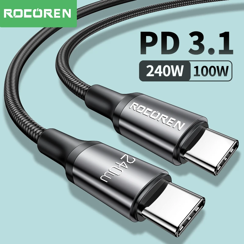 Rocoren 100W USB C 유형 C 케이블 USB PD 3.1 240W 고속 충전 충전기 코드 USB-C 5A Macbook 용 TypeC 케이블 Samsung Xiaomi