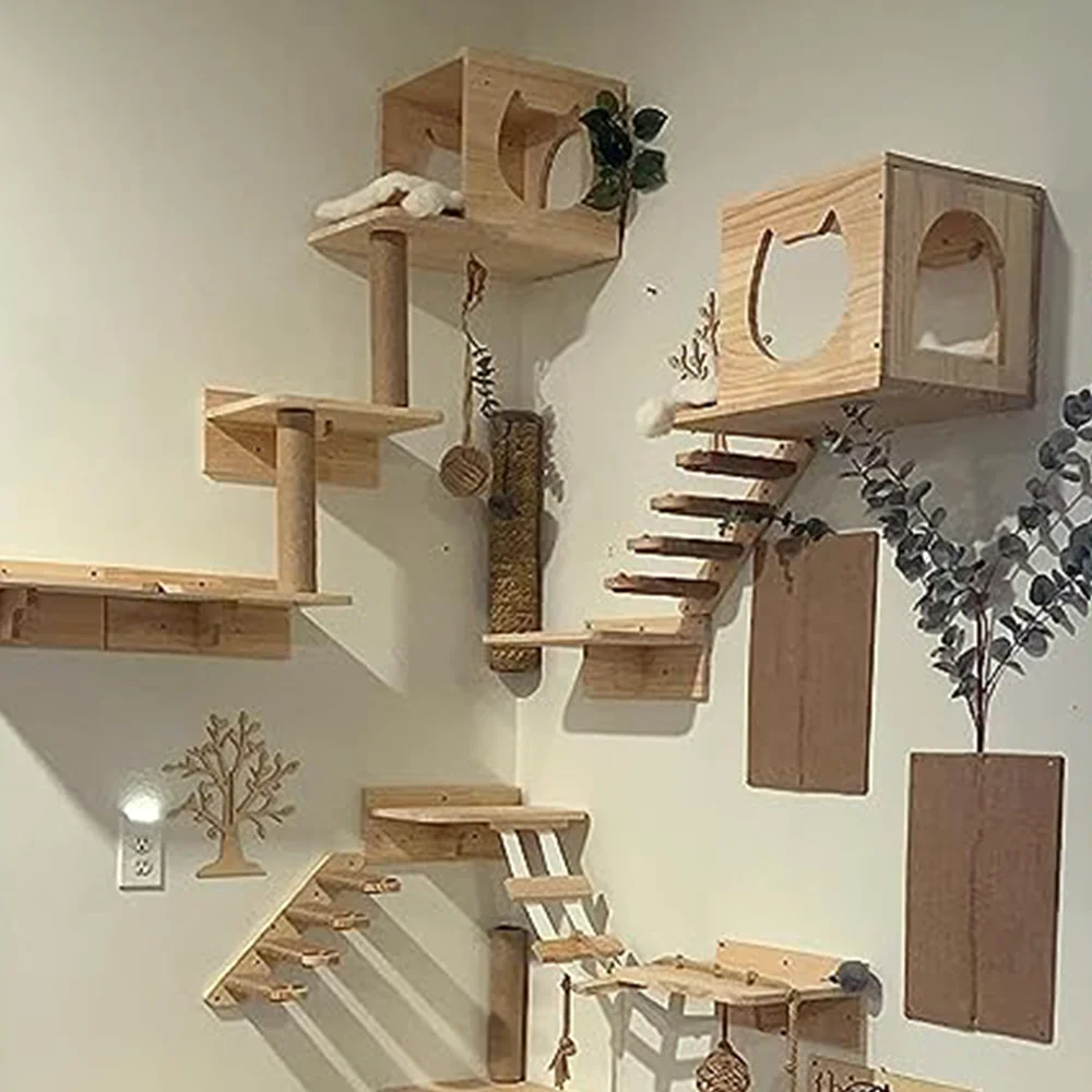 Wall-Mounted-Cat-Climbing-Cat-Tree-Cat-Stairs-Frame-Wooden-Cat-Jumping ...