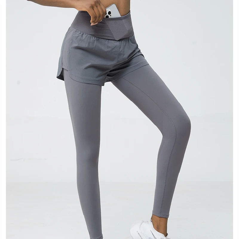 Women 2 In 1 Yoga Pants Solid Sports Compression Running Tights Side ...