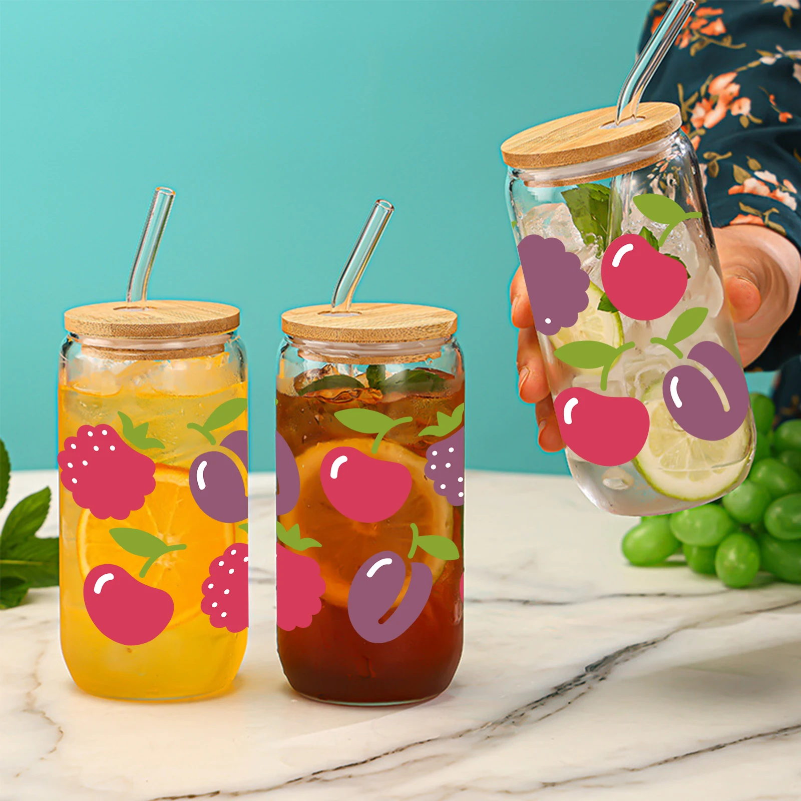 1-Piece-16oz-Raspberry-Cherry-Fruit-Pattern-With-Bamboo-Lid-Glass-Straw ...