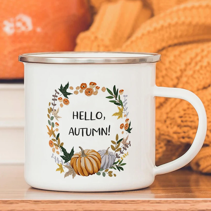 Hello Autumn mugs Thanksgiving Mug Flower Pumpkin Cup Print enamel Mug ...