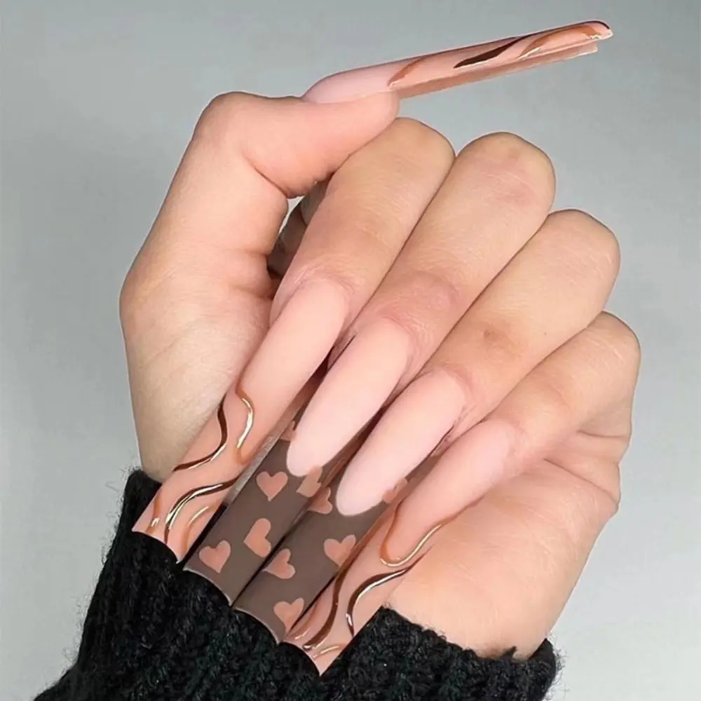 24pcs-Super-Long-Fake-Nails-Water-Pipe-Nail-Brown-Wavy-Love-Heart ...