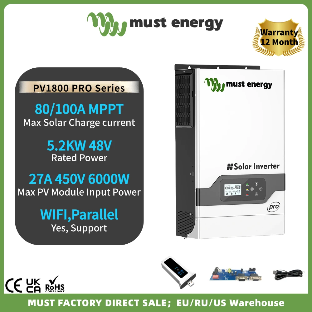 MUST PV1800 PRO 48V 5.2KW Hybrid Solar inverter MPPT 80A Lifepo4 Charger Max PV Input 450V 5000W ...