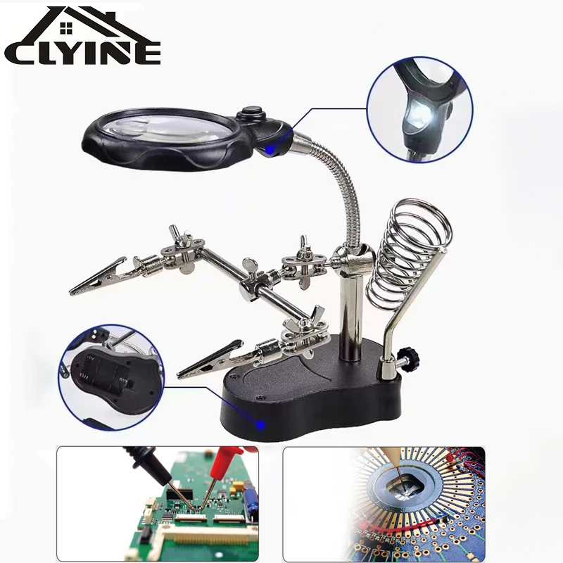 Soldering Iron Station Stand Welding Magnifying Glass Clip Clamp LED ...