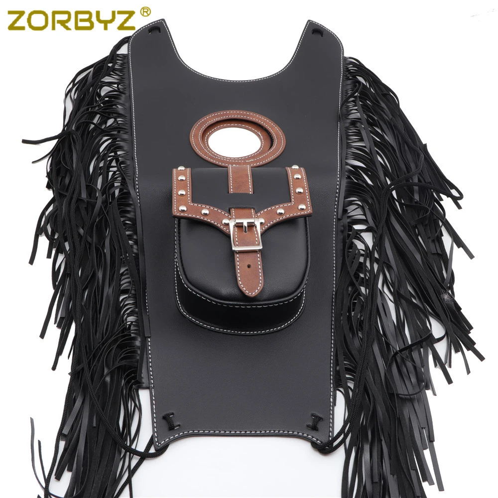 ZORBYZ Motorcycle Black Fringed PU Leather Tank Bib Gas Tank Bag Pad ...