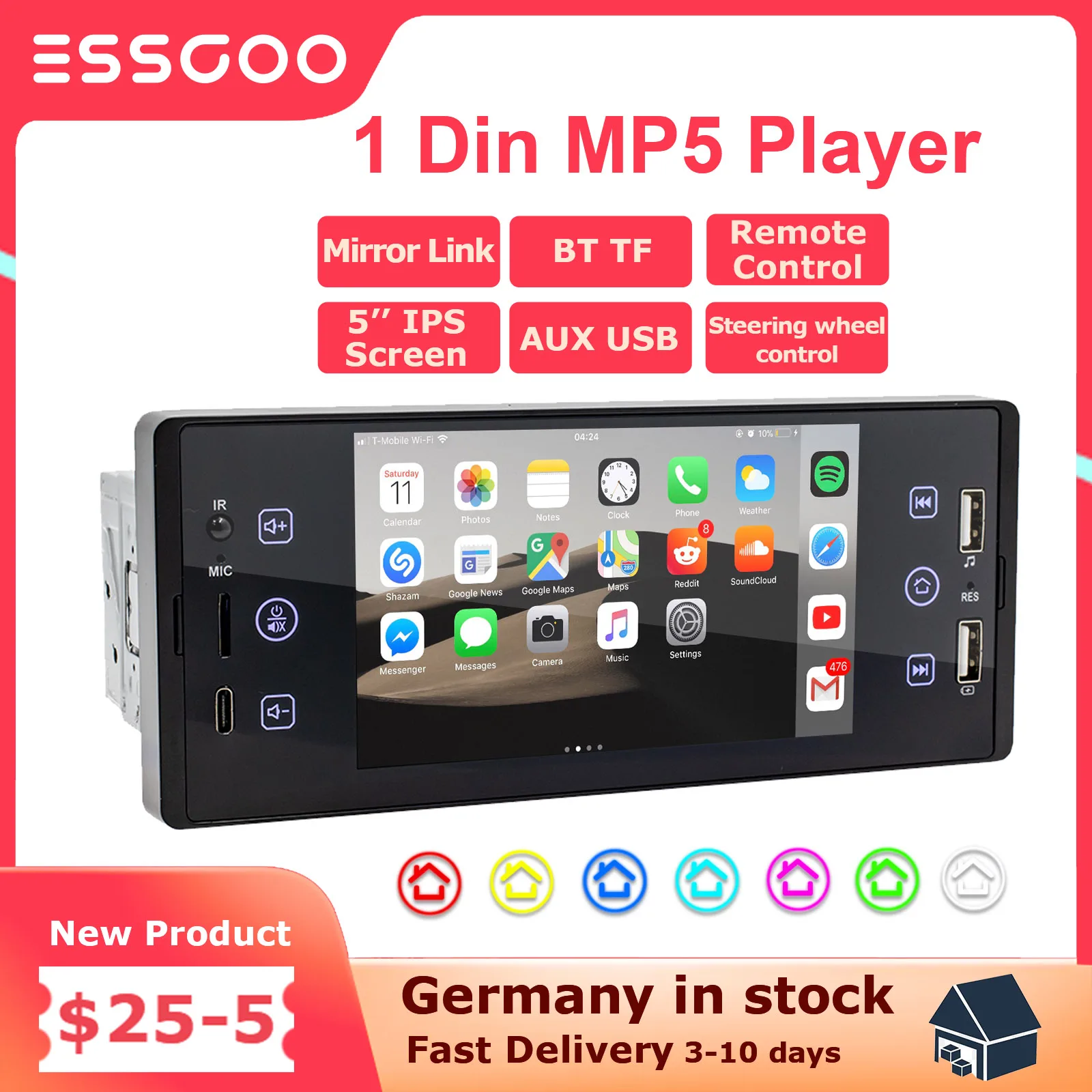 ESSGOO Auto Radio 1Din MP5 Player Autoradio Stereo 5'' IPS Screen Bluetooth Mirrorlink Typ C ...