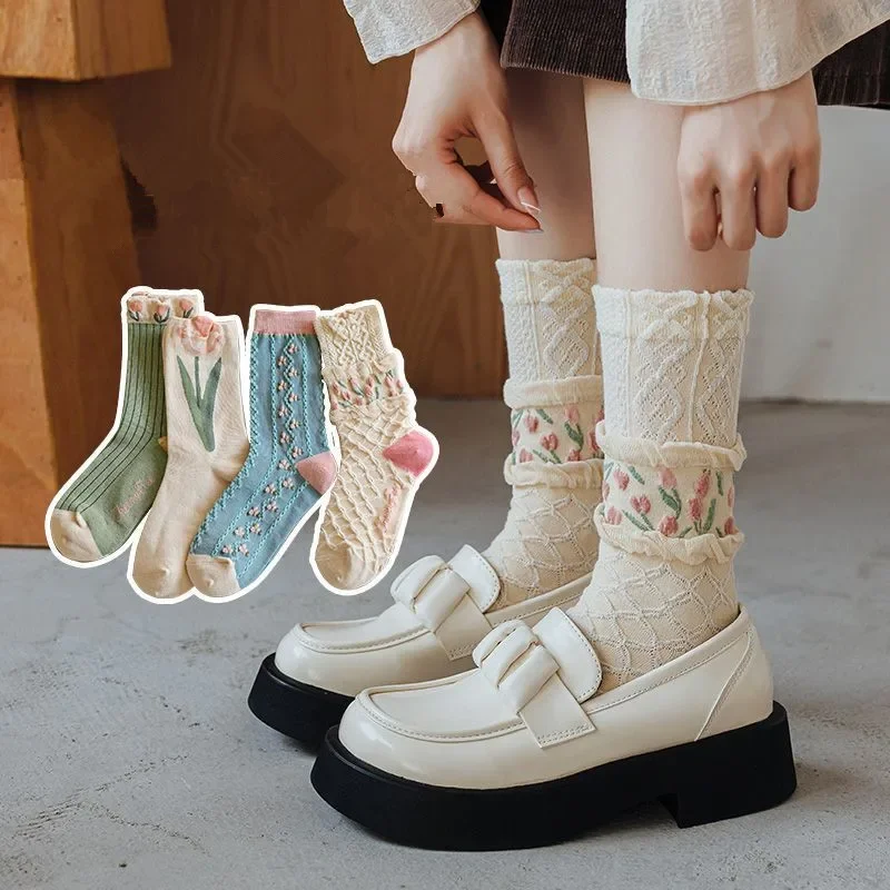 New-Women-Socks-Korean-Style-Flower-Trend-Casual-Cotton-Socks-Girls ...