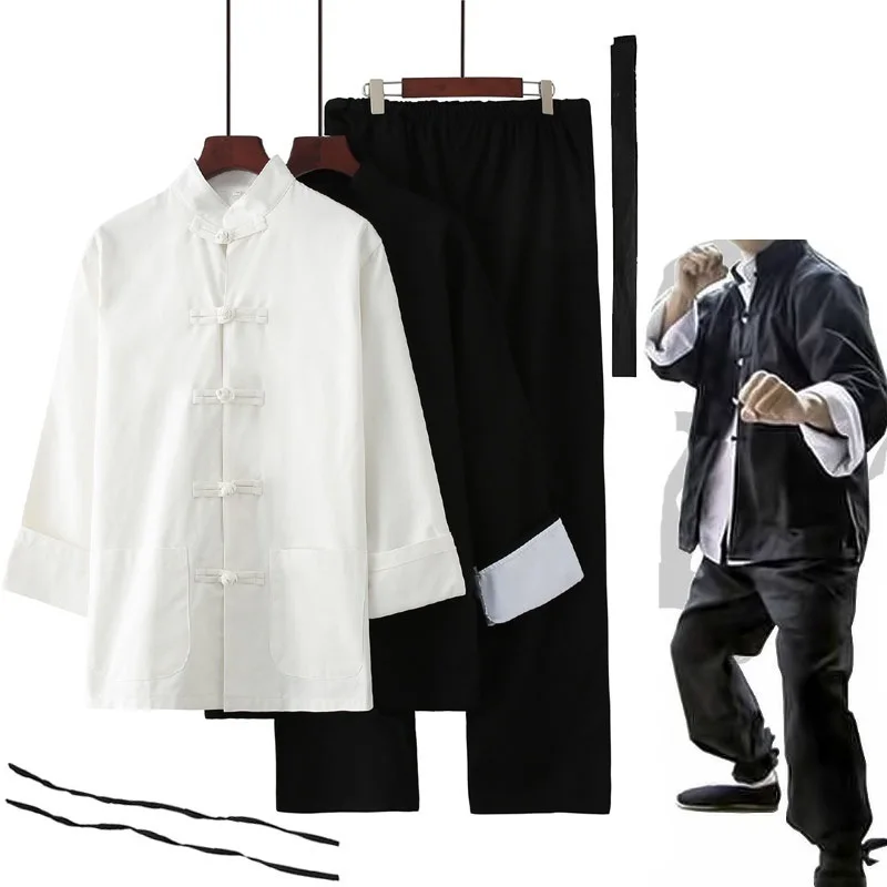 Men Chinese Traditional Tang Suit Set Kung Fu Practice Uniform Black ...