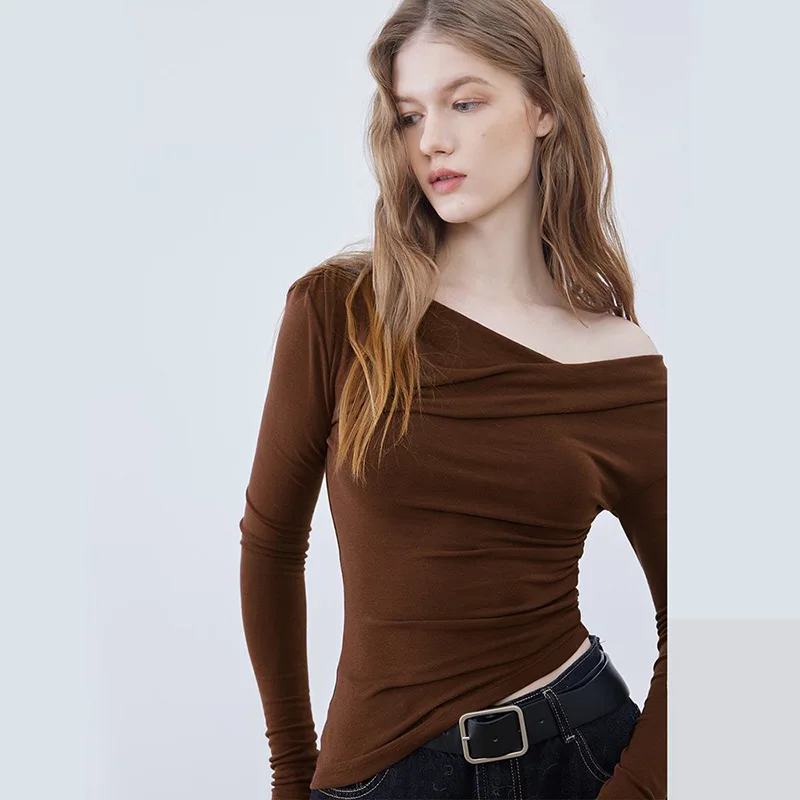 Camiseta-de-manga-larga-con-hombros-descubiertos-para-mujer-Top-corto-asim-trico-fruncido-ropa ...