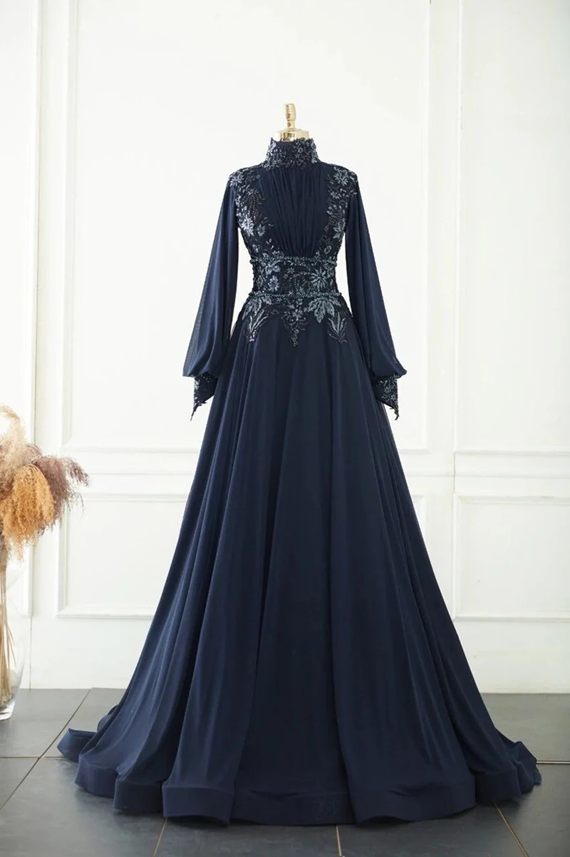 Navy-Blue-Chiffon-Long-Sleeve-Muslim-Evening-Dresses-Moroccan-Caftan ...