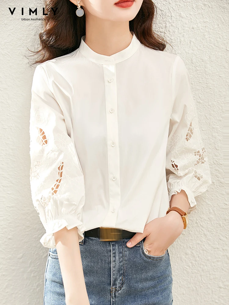 Vimly-Women-3-4-Lantern-Sleeve-Shirt-Elegant-Cotton-Summer-Top-2024-Stand-Collar-Hollow ...