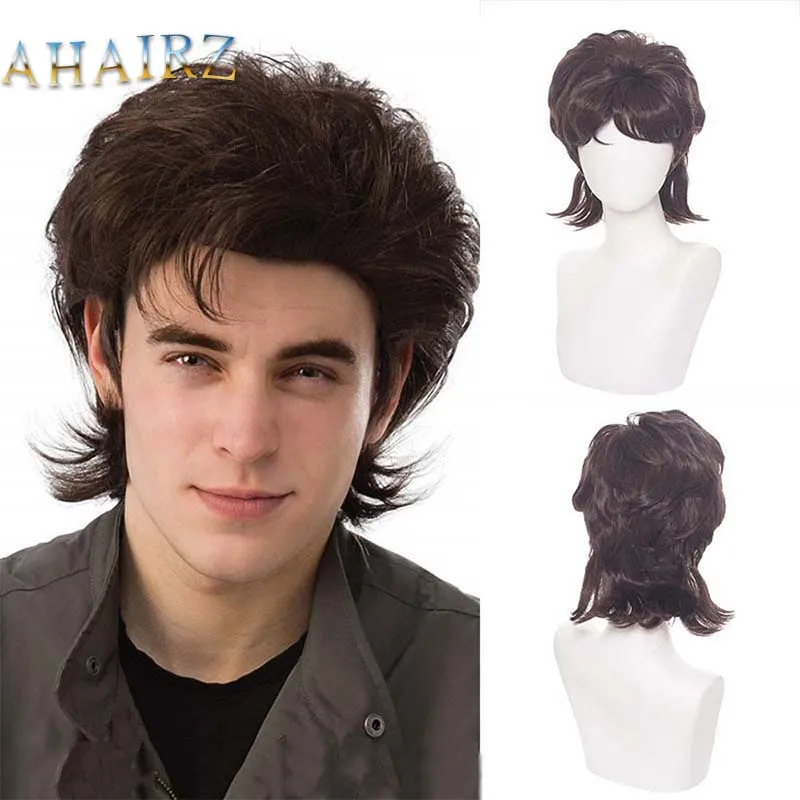 Synthetic-80s-Men-Mullet-Wig-Brown-Short-Fake-Hair-Cosplay-Halloween ...