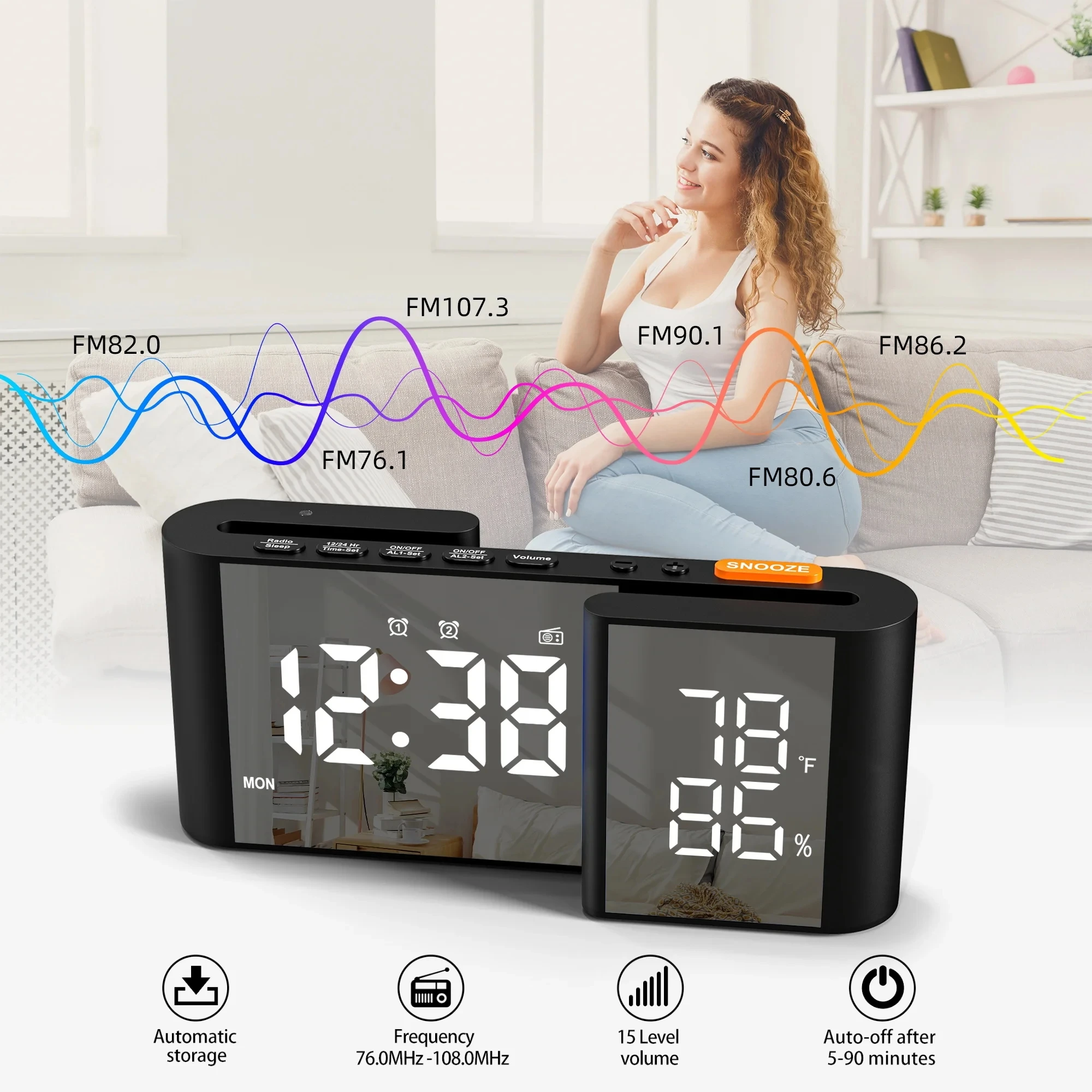 Sleek Bedside Alarm Clock Radio Large Dual Display Screen With ...