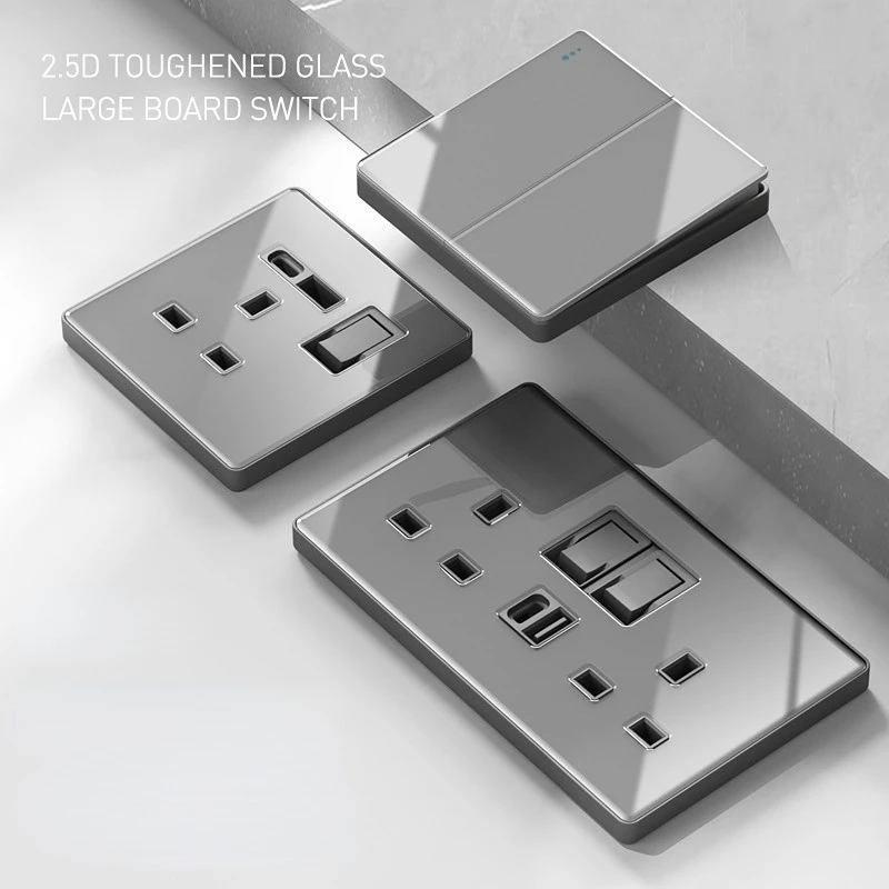 UK 13A Grey Tempered Glass Light Switch,1gang2way Stair Switch,USB Type ...
