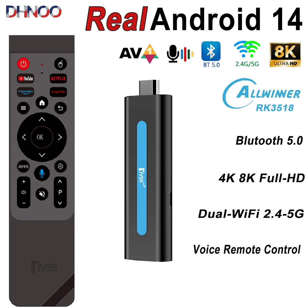 Real Android 14 TV Stick 4K RK3518 Quad Core WiFi6 Bluetooth 5 Remote ...