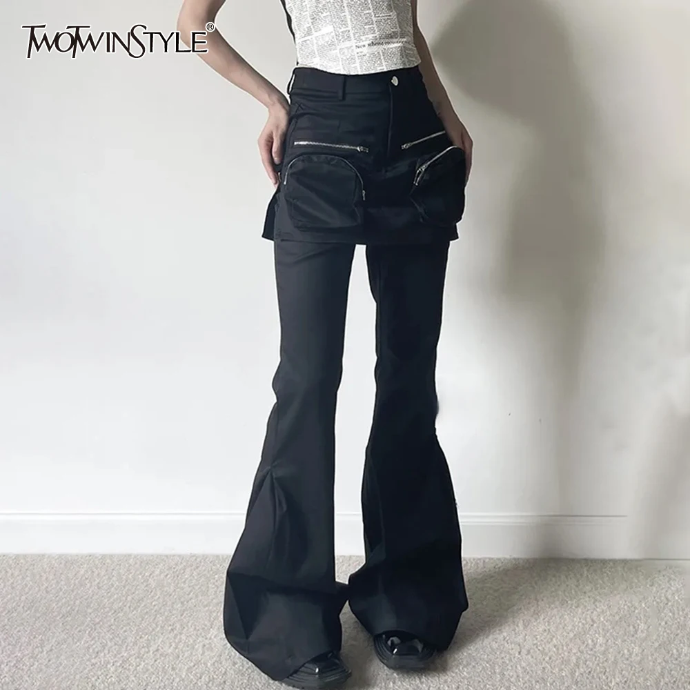 TWOTWINSTYLE-Minimalist-Spliced-Pocket-Trousers-For-Women-High-Waist ...