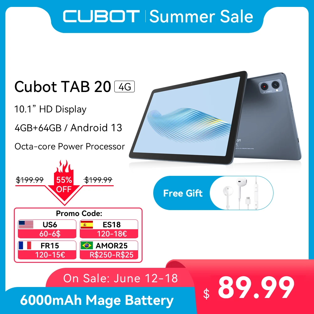 Cubot TAB 20 ، تابلت أندرويد 13 ، شاشة 10.1 بوصة ، ثماني النواة ، 4 جيجابايت + 64 جيجابايت (يدعم ...