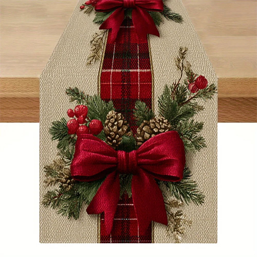 1pc 2D Christmas Plaid & Bow Table Runner, Festive Xmas Decor for ...