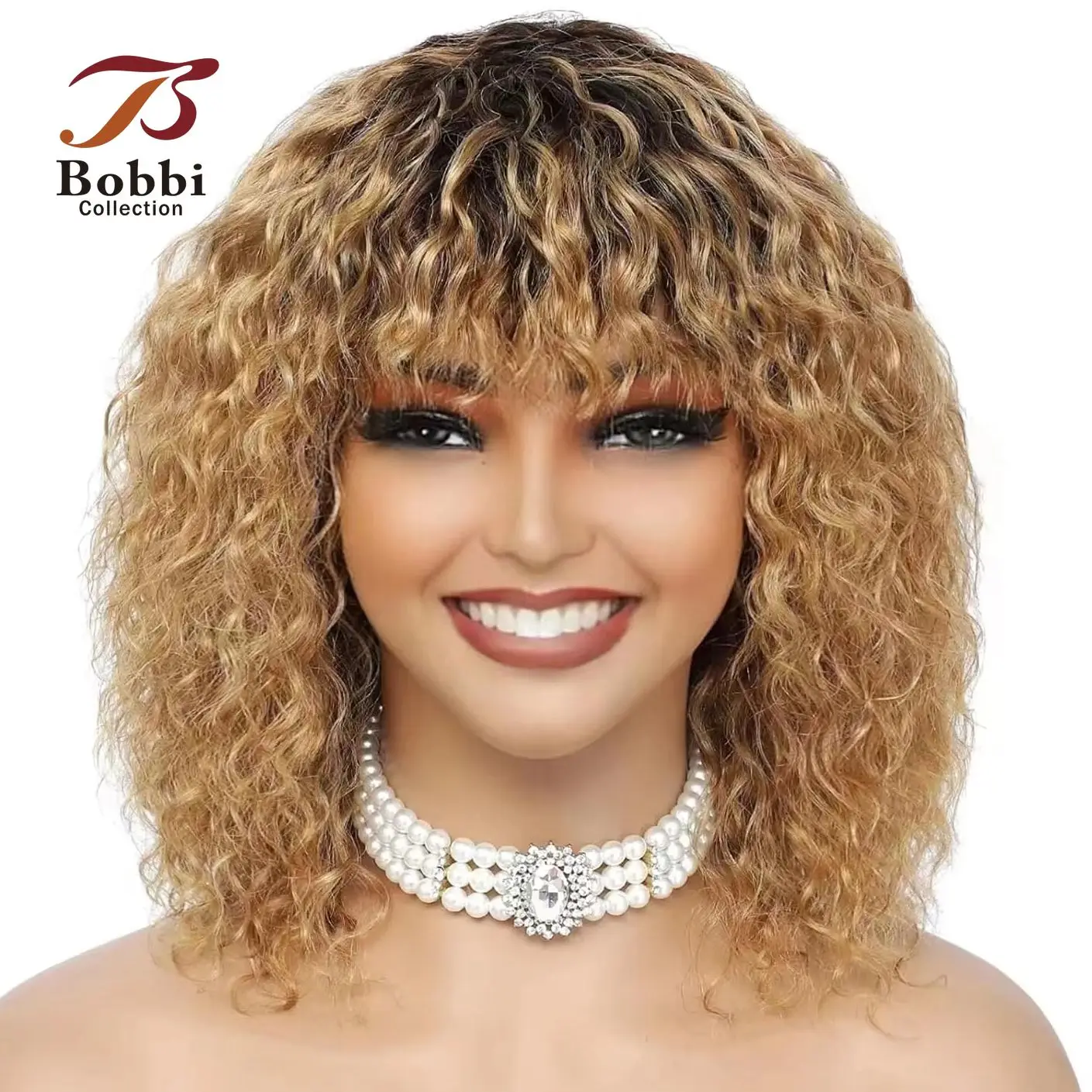 Water Curly Glueless 100% Human Hair Wigs with Bang Machine Made Wig ...