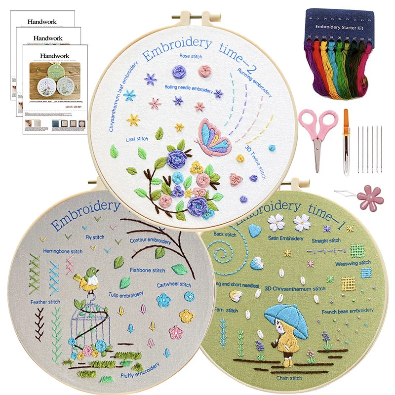 3 Sets Starter Embroidery kit Learn Different Stitches DIY Kits for ...
