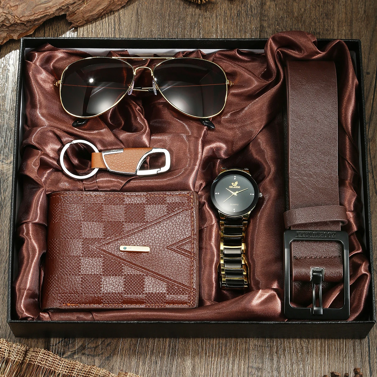 Men-s-5-piece-Watch-Set-Quartz-Movement-Keychain-Belt-Sunglasses-Wallet ...