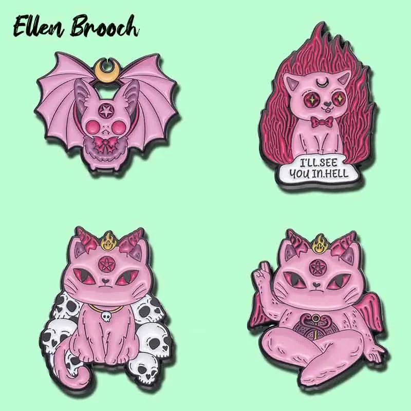 Evil-Cats-Enamel-Pins-I-See-You-In-Hell-Bat-Goat-Brooch-Lapel-Badges ...