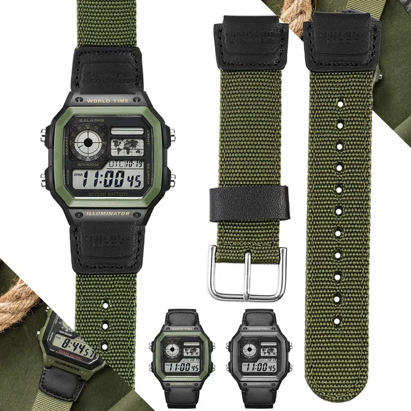 18mm-Nylon-Watch-Strap-for-Casio-W800H-Men-Canvas-Sport-Black-Green ...