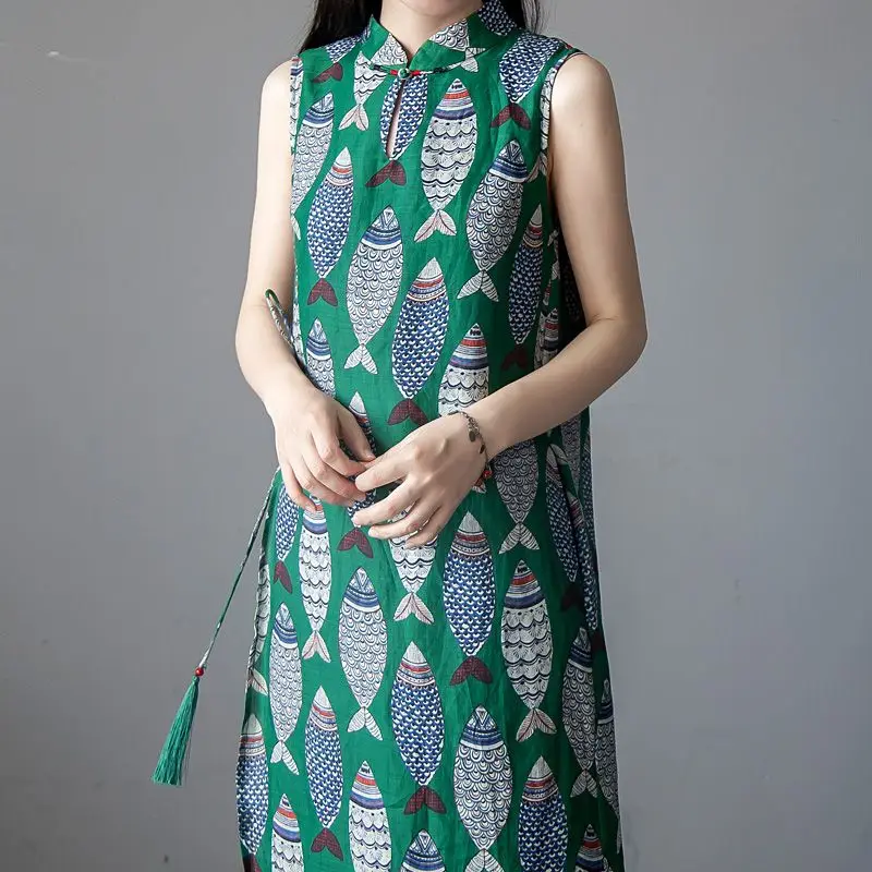 New-Sleeveless-Loose-Waist-Button-Fish-Printed-Dress-Robe-A-Line-Mid ...