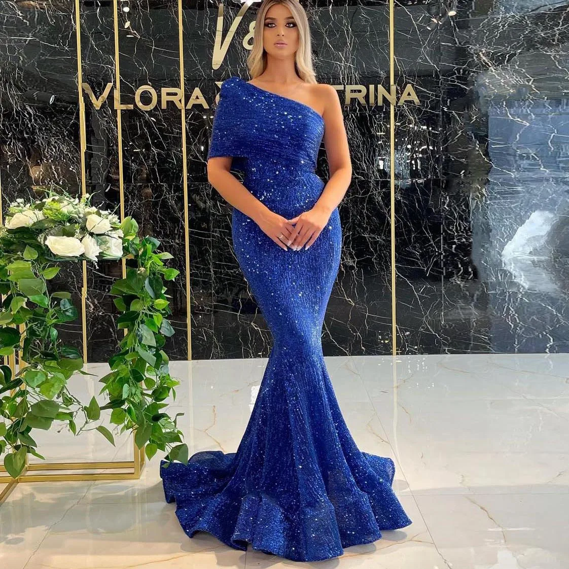 One Shoulder Blue Sequin Prom Dresses