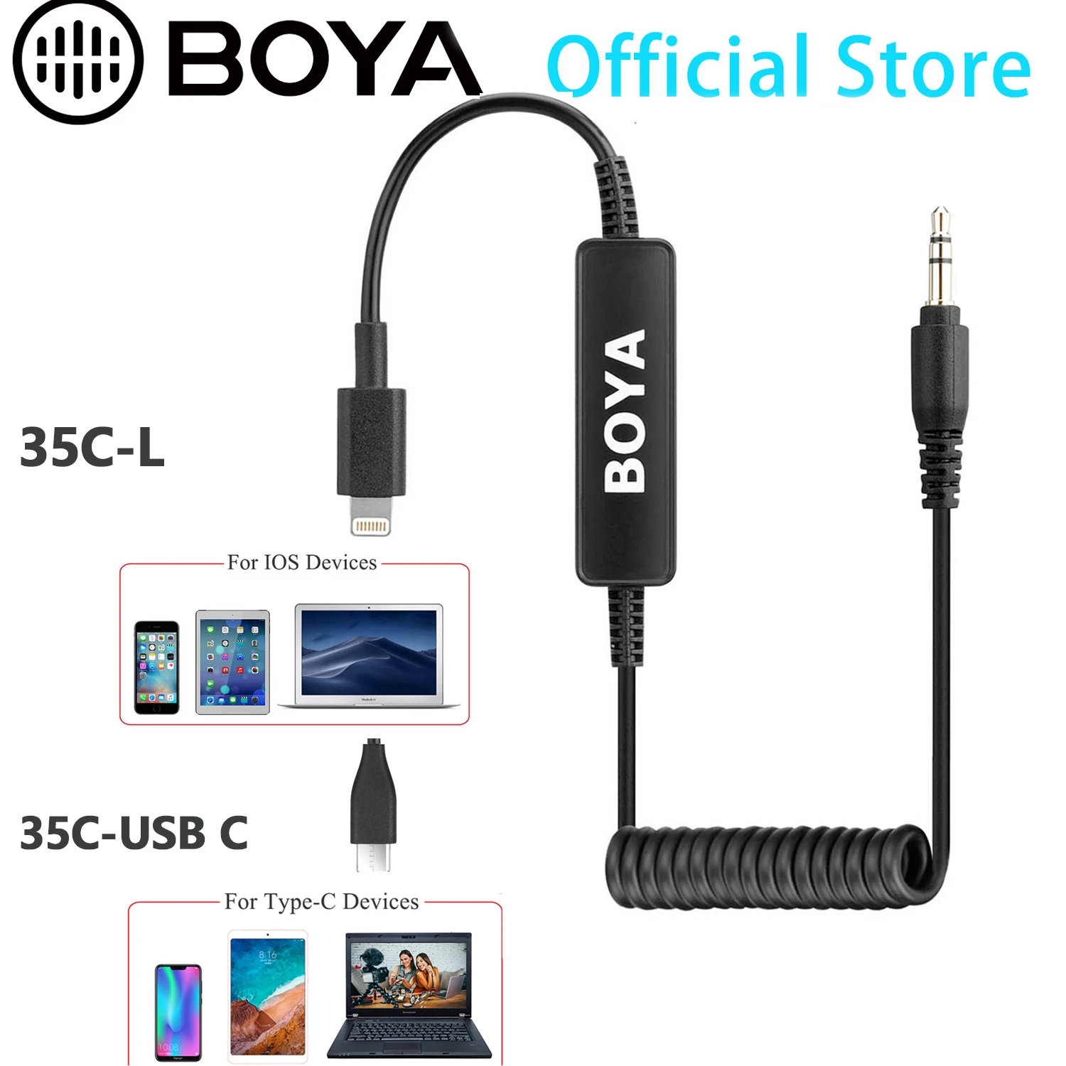 Boya 35c l/usb c microfone adaptador de áudio cabo 3.5mm trs para ...